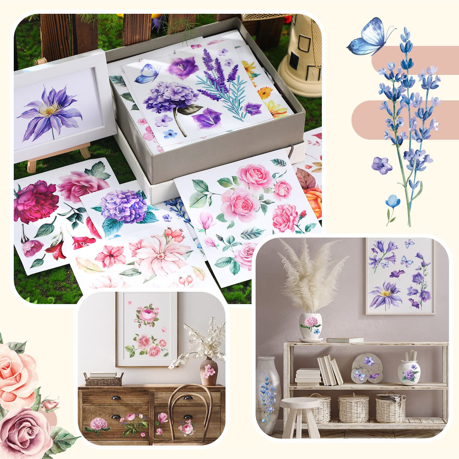 BBTO 12 Sheets Rub on Transfers for Crafts and Furniture Rub on Transfer Stickers Decals for Wood DIY Paper Home Decor, 5.5 x 5.7 Inch(Floral Style)
