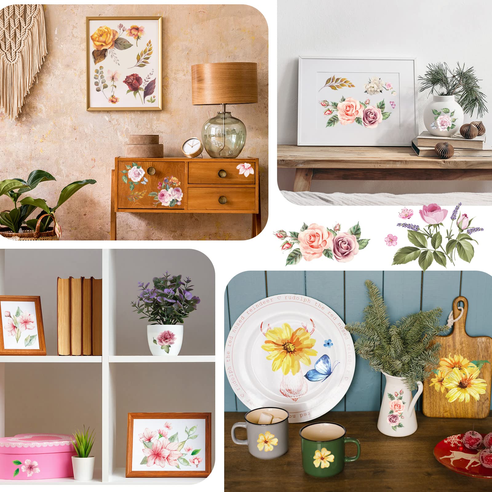 BBTO 12 Sheets Rub on Transfers for Crafts and Furniture Rub on Transfer Stickers Decals for Wood DIY Paper Home Decor, 5.5 x 5.7 Inch(Floral Style)