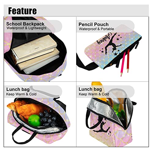 Gymnastic Scale Mermaid Personalized Backpack Set for Teen Boys Girls with Lunch Box & Pencil Pouch Bag Travel Backpack