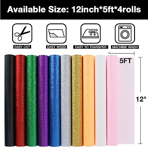 TORC Glitter HTV Heat Transfer Vinyl Bundle Rolls, Set of 10 Iron on Vinyl for T Shirts Crafts (12 inch x 5 ft per Roll)