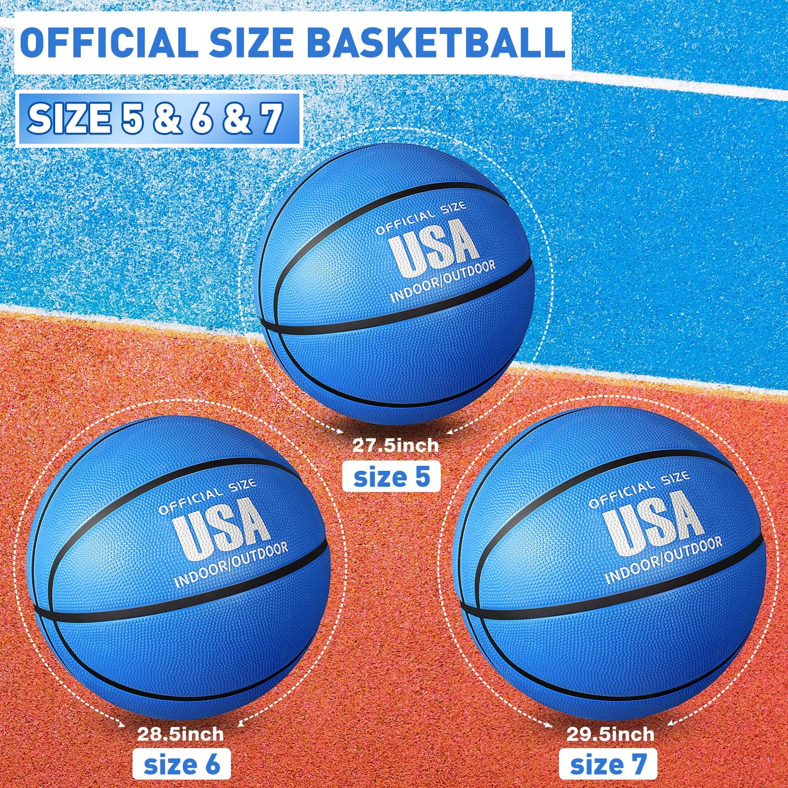 Libima 4 Pcs Rubber Basketball with Pump Official Indoor Outdoor Basketball Sport Gift for Game Practice Training Kids Teens Adults Streetbballs(Size 6,Yellow, Green, Blue, Orange)