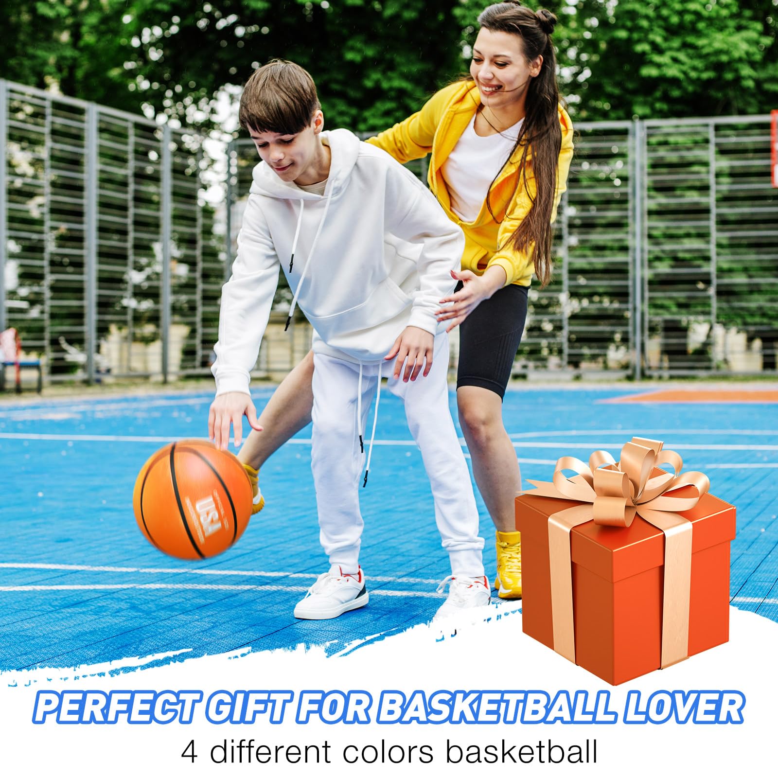 Libima 4 Pcs Rubber Basketball with Pump Official Indoor Outdoor Basketball Sport Gift for Game Practice Training Kids Teens Adults Streetbballs(Size 6,Yellow, Green, Blue, Orange)