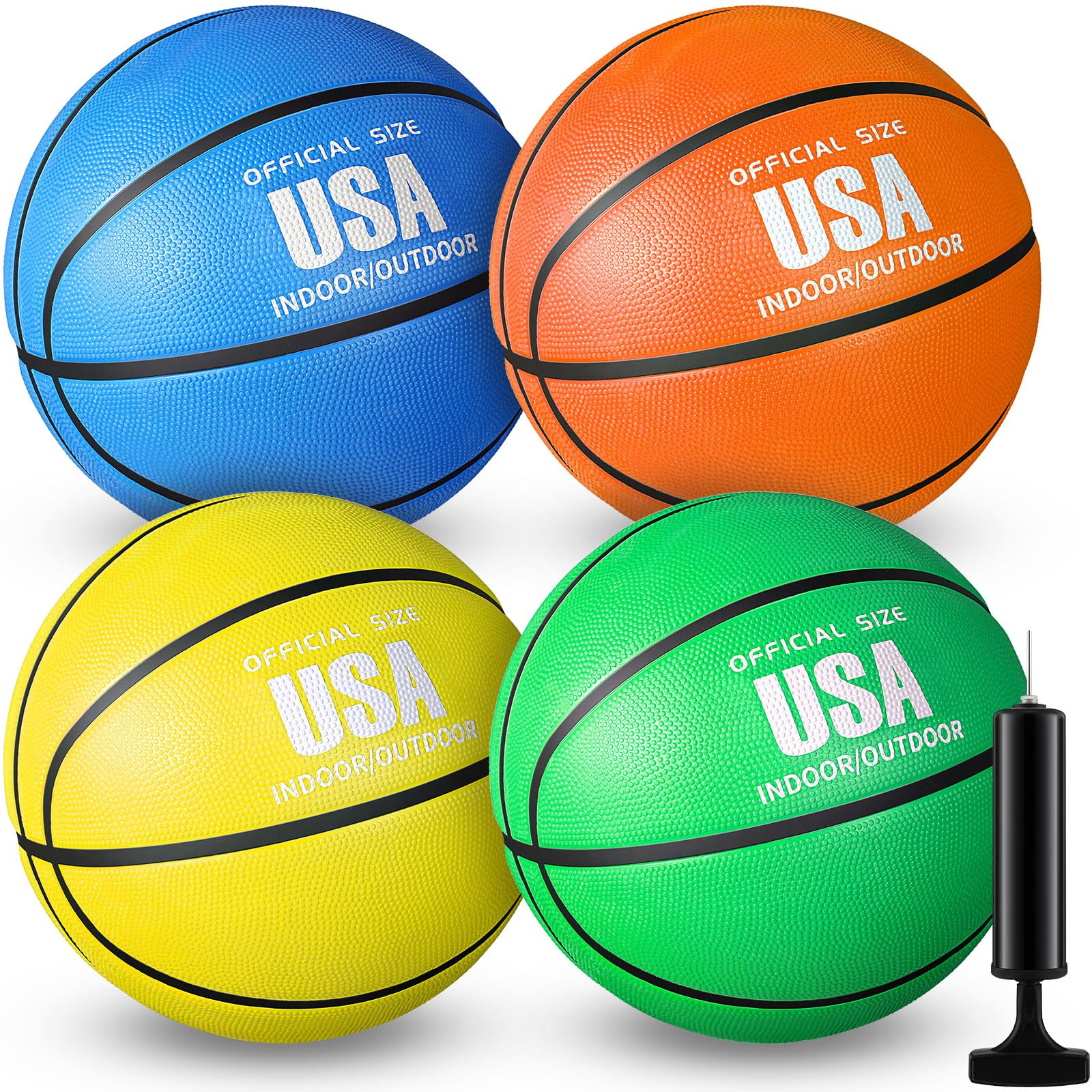Libima 4 Pcs Rubber Basketball with Pump Official Indoor Outdoor Basketball Sport Gift for Game Practice Training Kids Teens Adults Streetbballs(Size 6,Yellow, Green, Blue, Orange)