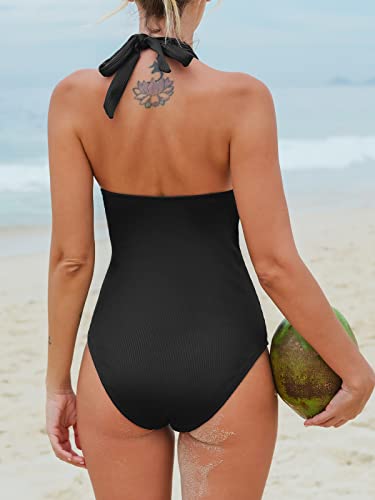 CUPSHE One Piece Swimsuit for Women Ribbed Bathing Suit Deep V Neck Halter Wrap Front Backless Solid Swimwear M, Black
