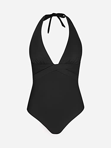 CUPSHE One Piece Swimsuit for Women Ribbed Bathing Suit Deep V Neck Halter Wrap Front Backless Solid Swimwear M, Black