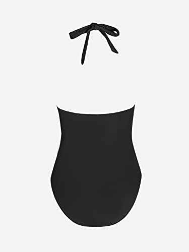 CUPSHE One Piece Swimsuit for Women Ribbed Bathing Suit Deep V Neck Halter Wrap Front Backless Solid Swimwear M, Black