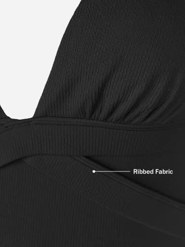 CUPSHE One Piece Swimsuit for Women Ribbed Bathing Suit Deep V Neck Halter Wrap Front Backless Solid Swimwear M, Black