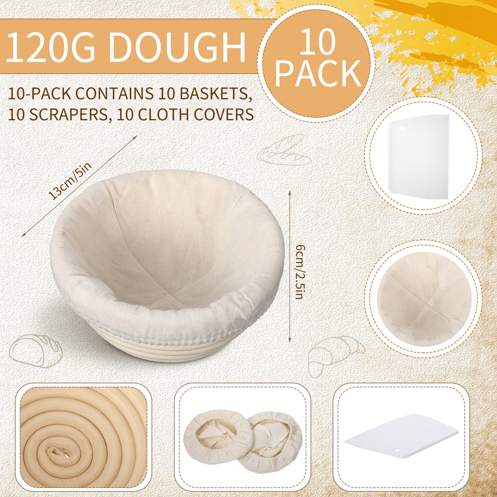 Irenare 10 Pcs Bread Banneton Proofing Basket Round Dough Sourdough Proofing Basket Rattan Bakery Baking Bread Bowl with Liner and Scraper Tool Set for Starter Gifts Professional Home Bakers (5 Inch)