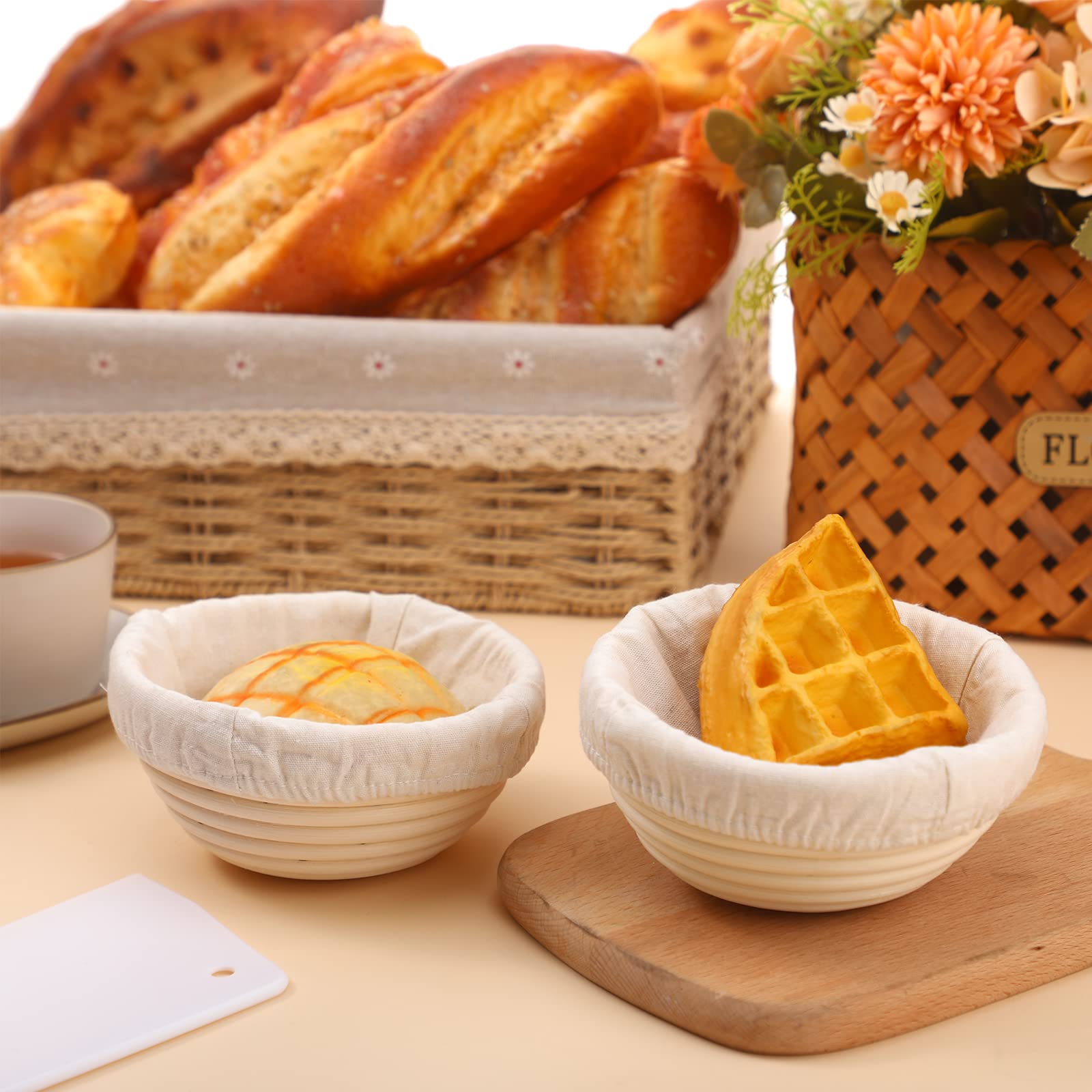Irenare 10 Pcs Bread Banneton Proofing Basket Round Dough Sourdough Proofing Basket Rattan Bakery Baking Bread Bowl with Liner and Scraper Tool Set for Starter Gifts Professional Home Bakers (5 Inch)