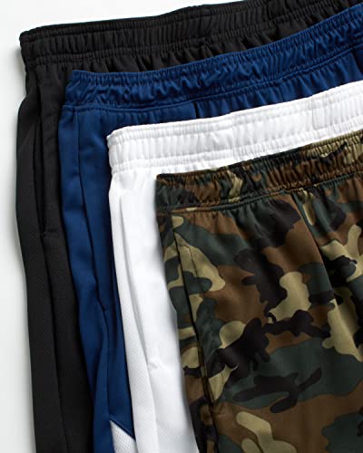 RBX Boys’ Athletic Shorts - 4 Pack Lightweight Fleece Performance Basketball Shorts - Activewear Shorts for Boys (Size: 8-16), Size 10-12, Green Camo/White Blue