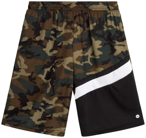 RBX Boys’ Athletic Shorts - 4 Pack Lightweight Fleece Performance Basketball Shorts - Activewear Shorts for Boys (Size: 8-16), Size 10-12, Green Camo/White Blue