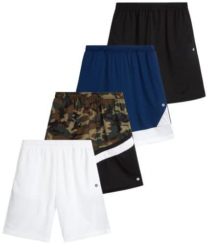RBX Boys’ Athletic Shorts - 4 Pack Lightweight Fleece Performance Basketball Shorts - Activewear Shorts for Boys (Size: 8-16), Size 10-12, Green Camo/White Blue