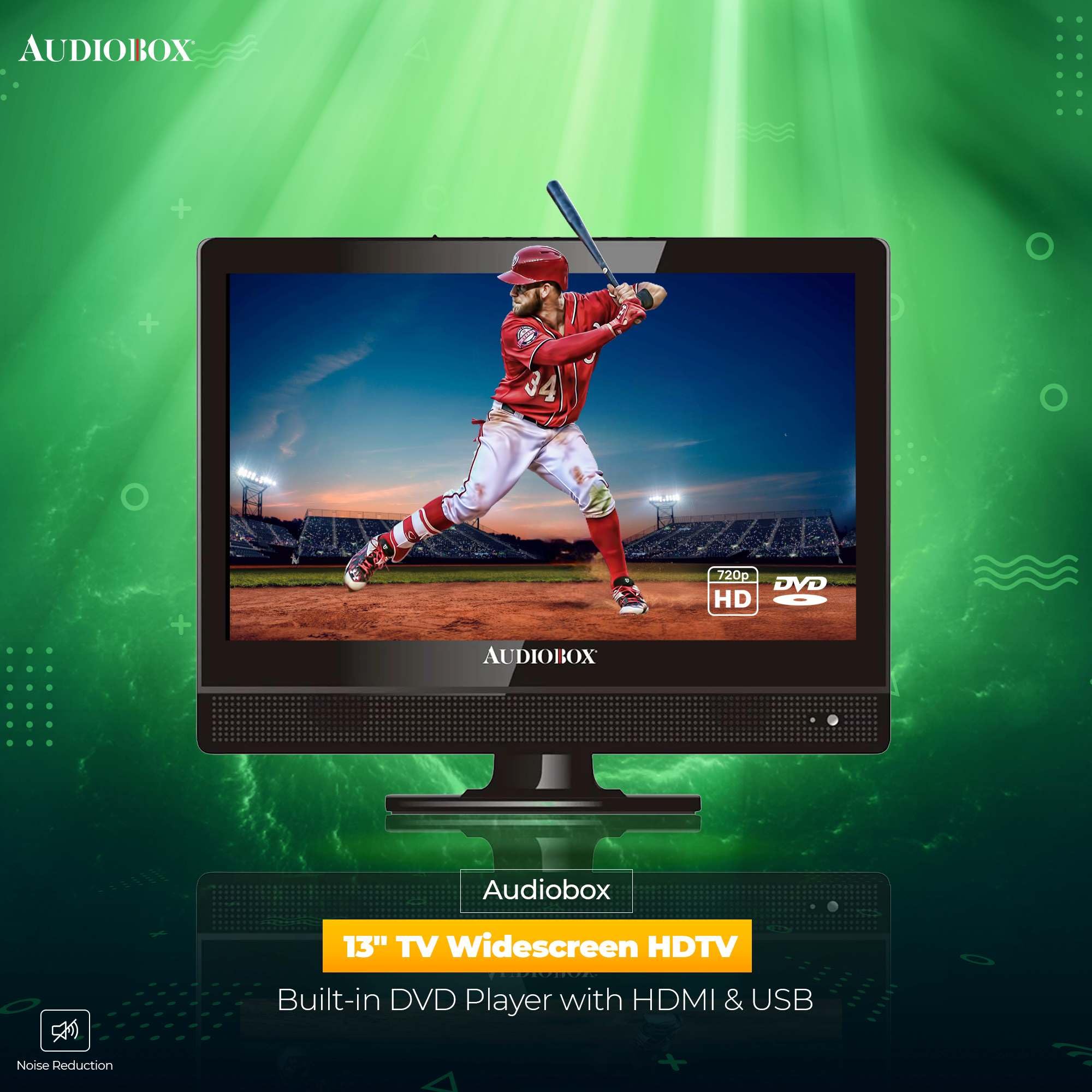 Audiobox 13.3" HDTV with Built-in DVD Player with HDMI, USB, Car Cord Adapter and Digital Noise Reduction, Compact TV Television RV, Camping, Outdoors