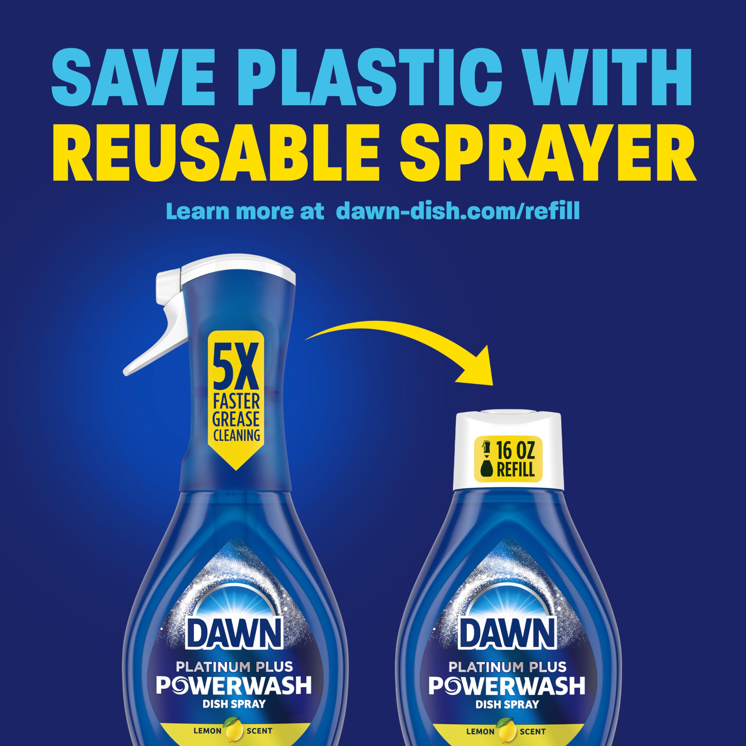 Dawn Powerwash Spray, Dish Soap, Dishwashing Liquid, Cleaning Supplies, Lemon, 1 Starter Kit + 3 Refills, 4 units of 16oz (64oz)