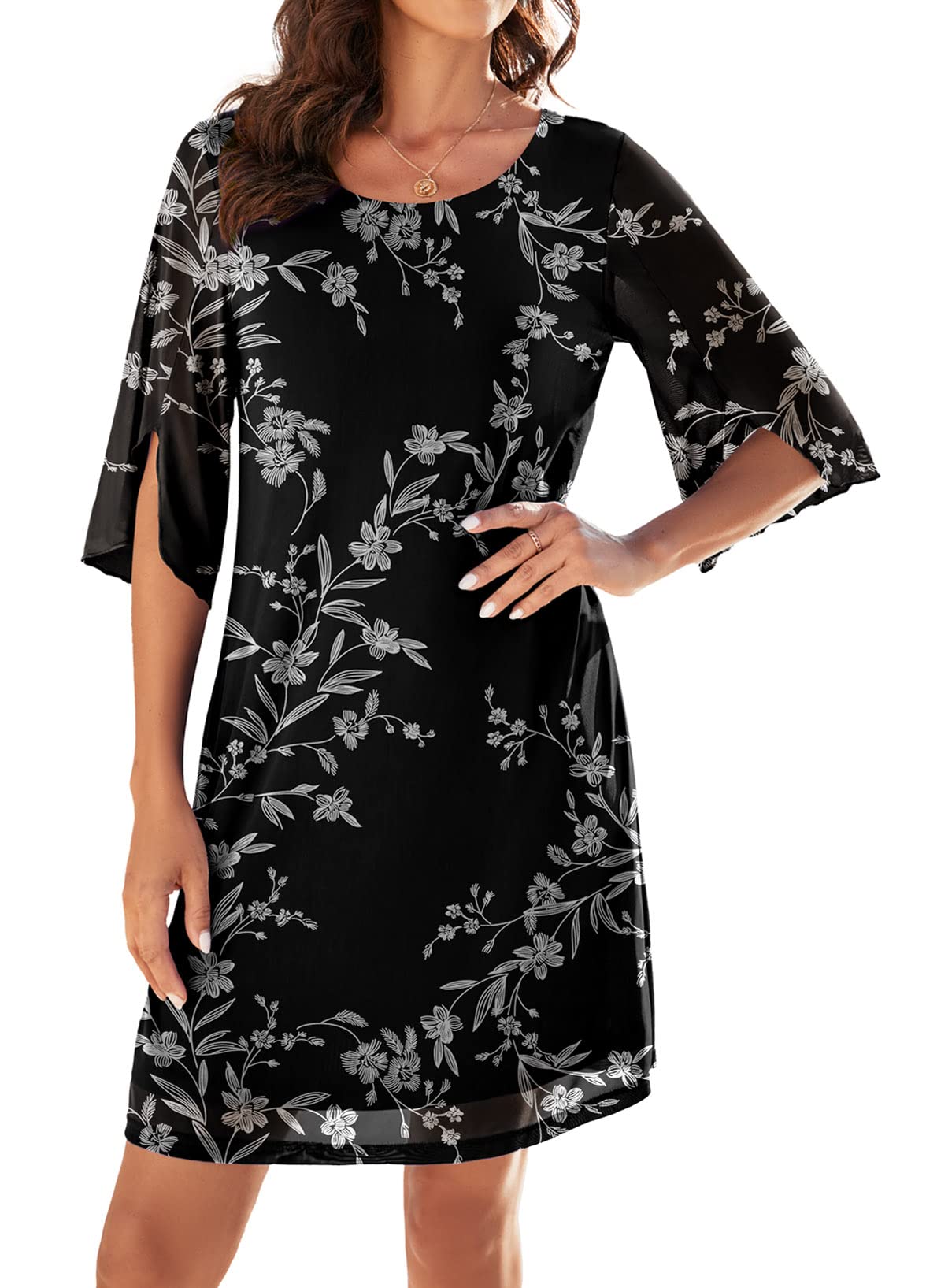 Actcat Women's Casual Loose 3/4 Sleeve A-Line Shift Wedding Guest Dresses Floral,Flower White Black,Medium