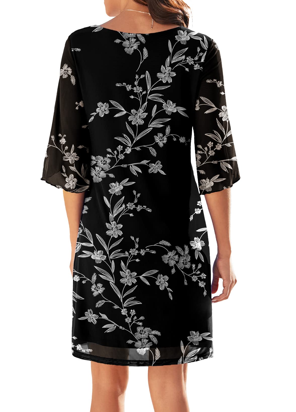 Actcat Women's Casual Loose 3/4 Sleeve A-Line Shift Wedding Guest Dresses Floral,Flower White Black,Medium