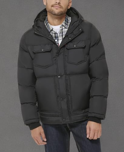Levi's Men's Performance Hooded Puffer Trucker Jacket (Regular & Big & Tall Sizes), Black Solid, XL