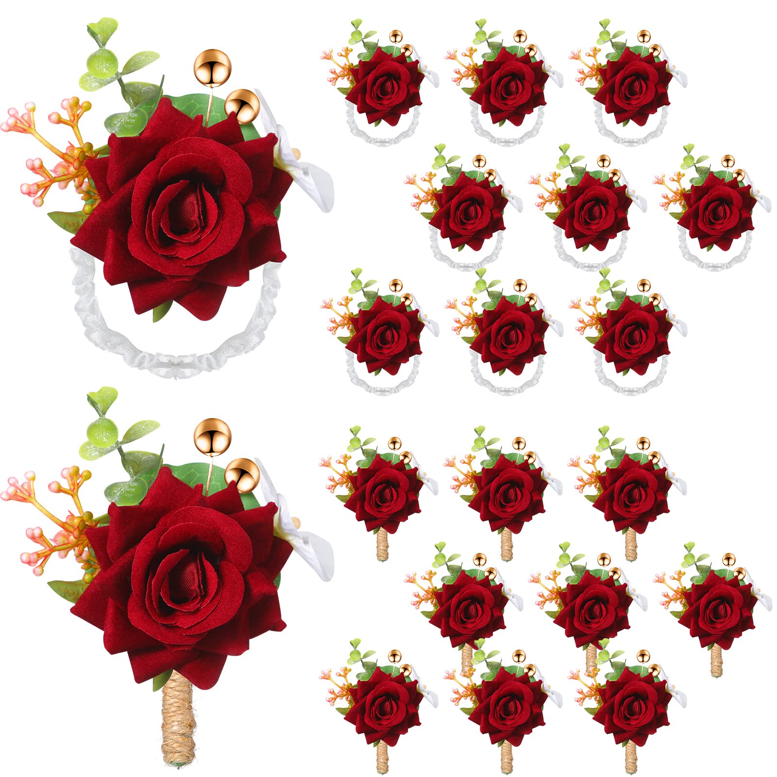 Sherr 20 Pcs Rose Wrist Corsage and Boutonnier Set Flower Wrist Corsage Wristlet Band Bracelet Wedding Bridegroom Men's Boutonniere Wristlet Hand Flower for Wedding Bouquets Supplies (Red)