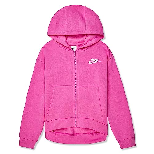 Nike Girl's Sportswear Club Fleece Full Zip Hoodie (Little Kids/Big Kids) Active Fuchsia/White L (14-16 Big Kid)