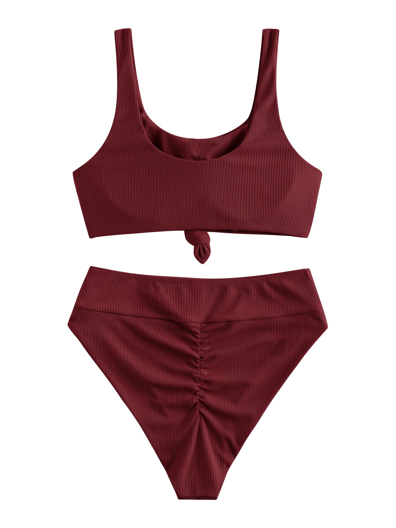 ZAFUL Women Bikini Swimsuit Chest Kink Tank Top Tummy Control High Waisted Two Piece Bathing Suits Wine Red S