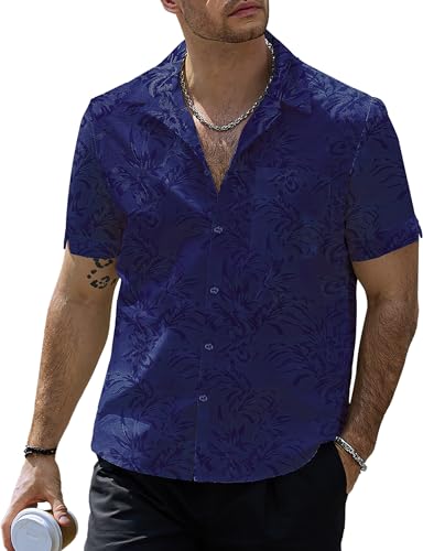 VATPAVE Men's Hawaiian Floral Jacquard Shirt - Casual Button Down Short Sleeve Summer Shirt With Pocket - XX-Large Navy Flower