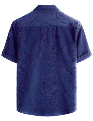 VATPAVE Men's Hawaiian Floral Jacquard Shirt - Casual Button Down Short Sleeve Summer Shirt With Pocket - XX-Large Navy Flower