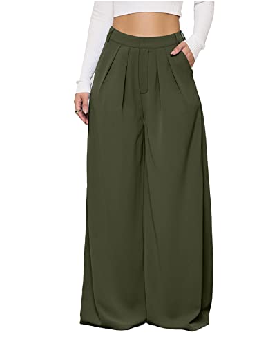 LYANER Women's High Waisted Wide Leg Palazzo Pants Hidden Zipper Loose Casual Trousers Army Green Medium