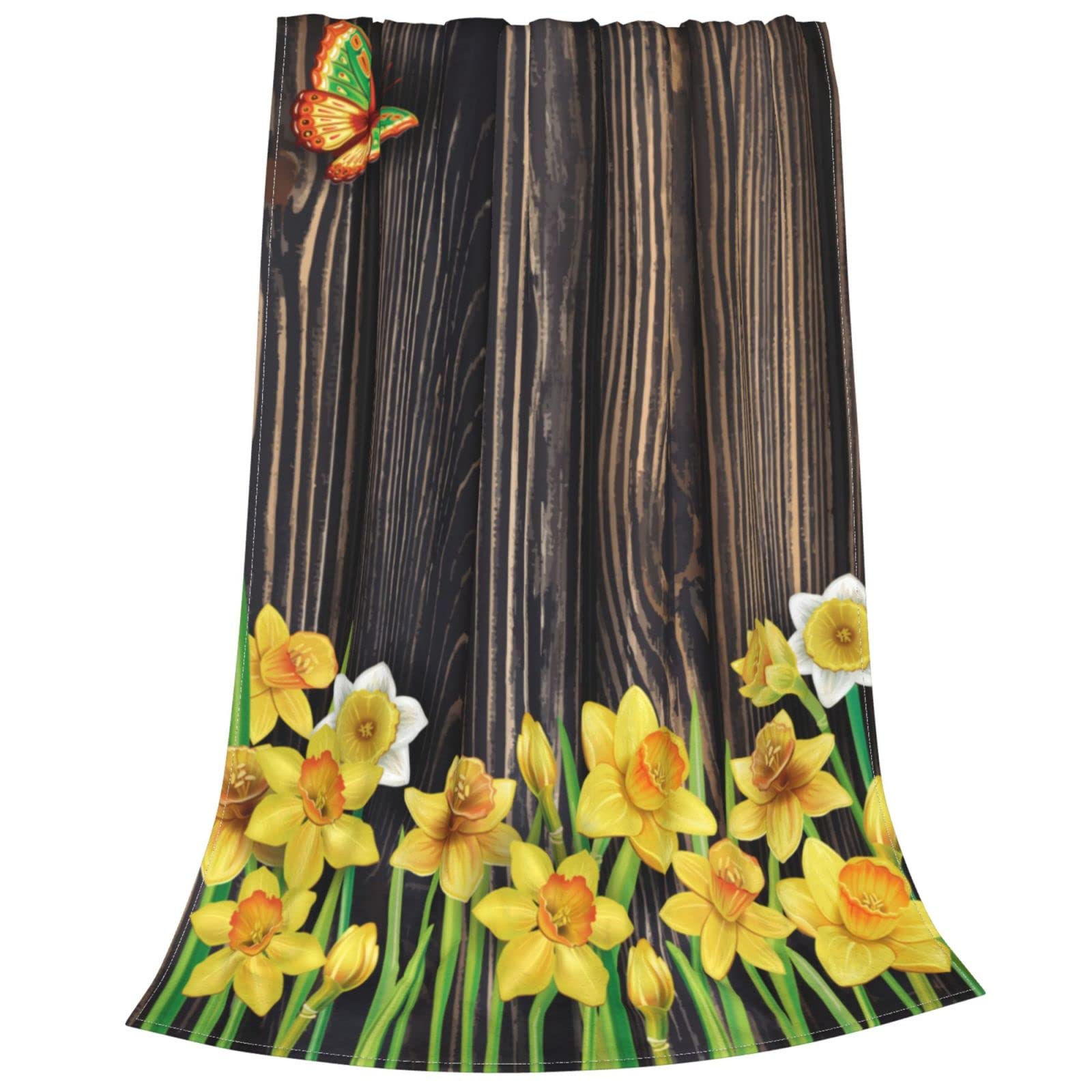 Oplp Spring Flowers Daffodils Throw Blanket for Bed Sofa Couch Wooden Background Fleece Blankets Lightweight Soft Cozy 50"x40"