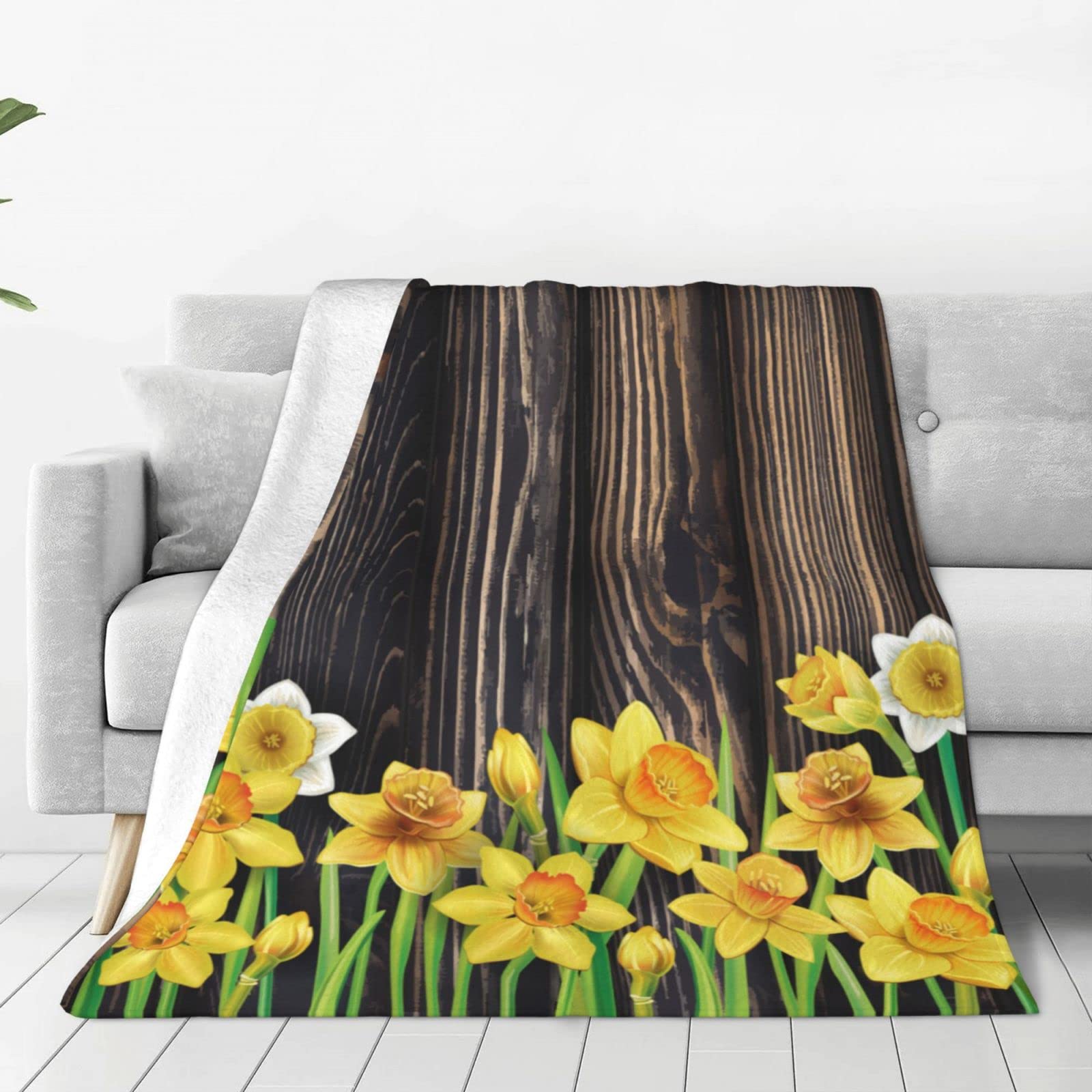 Oplp Spring Flowers Daffodils Throw Blanket for Bed Sofa Couch Wooden Background Fleece Blankets Lightweight Soft Cozy 50"x40"