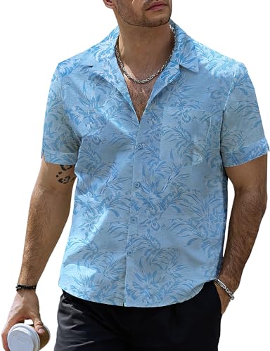 VATPAVE Mens Hawaiian Floral Jacquard Shirt - Casual Button Down Short Sleeve Summer Shirt With Pocket - X-Large Light Blue Silk