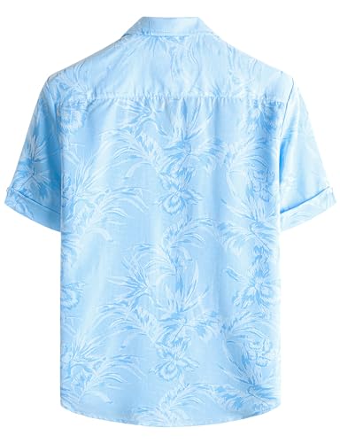 VATPAVE Mens Hawaiian Floral Jacquard Shirt - Casual Button Down Short Sleeve Summer Shirt With Pocket - X-Large Light Blue Silk