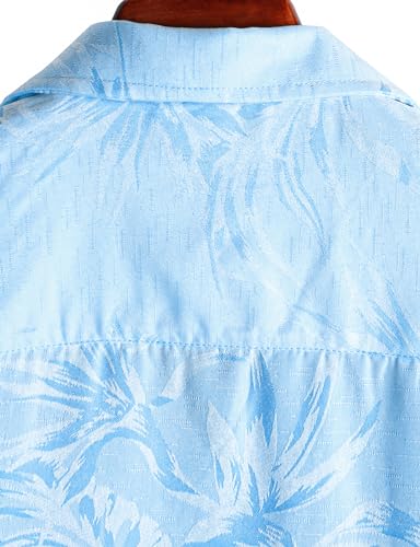 VATPAVE Mens Hawaiian Floral Jacquard Shirt - Casual Button Down Short Sleeve Summer Shirt With Pocket - X-Large Light Blue Silk