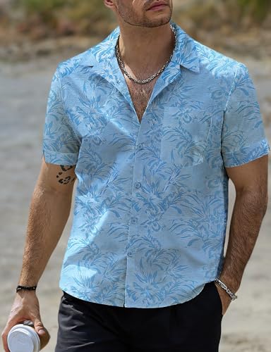 VATPAVE Mens Hawaiian Floral Jacquard Shirt - Casual Button Down Short Sleeve Summer Shirt With Pocket - X-Large Light Blue Silk