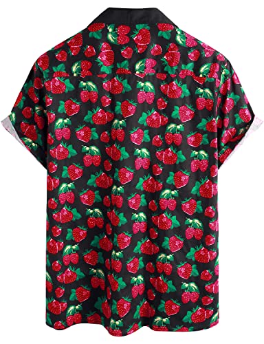 VATPAVE Mens Hawaiian Boling Shirt Casual Button Down Short Sleeve Summer Shirts X-Large Black Strawberry Aloha Shirt