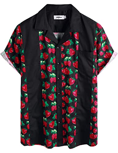 VATPAVE Mens Hawaiian Boling Shirt Casual Button Down Short Sleeve Summer Shirts X-Large Black Strawberry Aloha Shirt