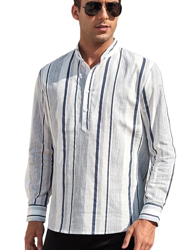 ZAFUL Men's Casual Linen Striped Henley Shirts Long Sleeve Hippie Tops T Shirts