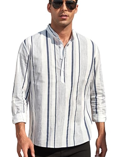 ZAFUL Men's Casual Linen Striped Henley Shirts Long Sleeve Hippie Tops T Shirts