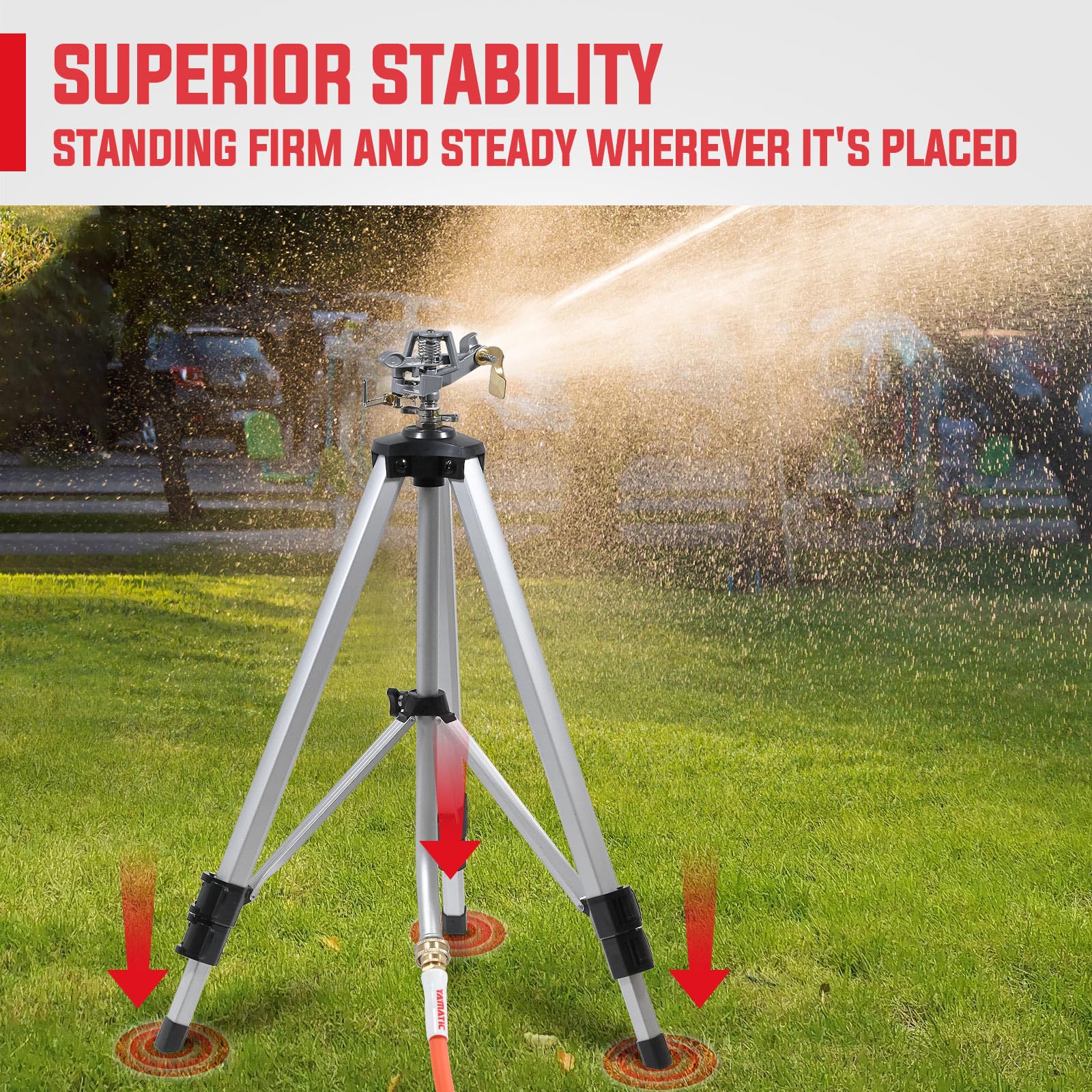 YAMATIC Impact Sprinkler on Adjustable Tripod Base, 360 Degree Large Area, Heavy Duty Adjustable Pulsator Sprinkler for Lawn, Yard and Grass Irrigation, Spray up to 20-90ft(Zinc Head)