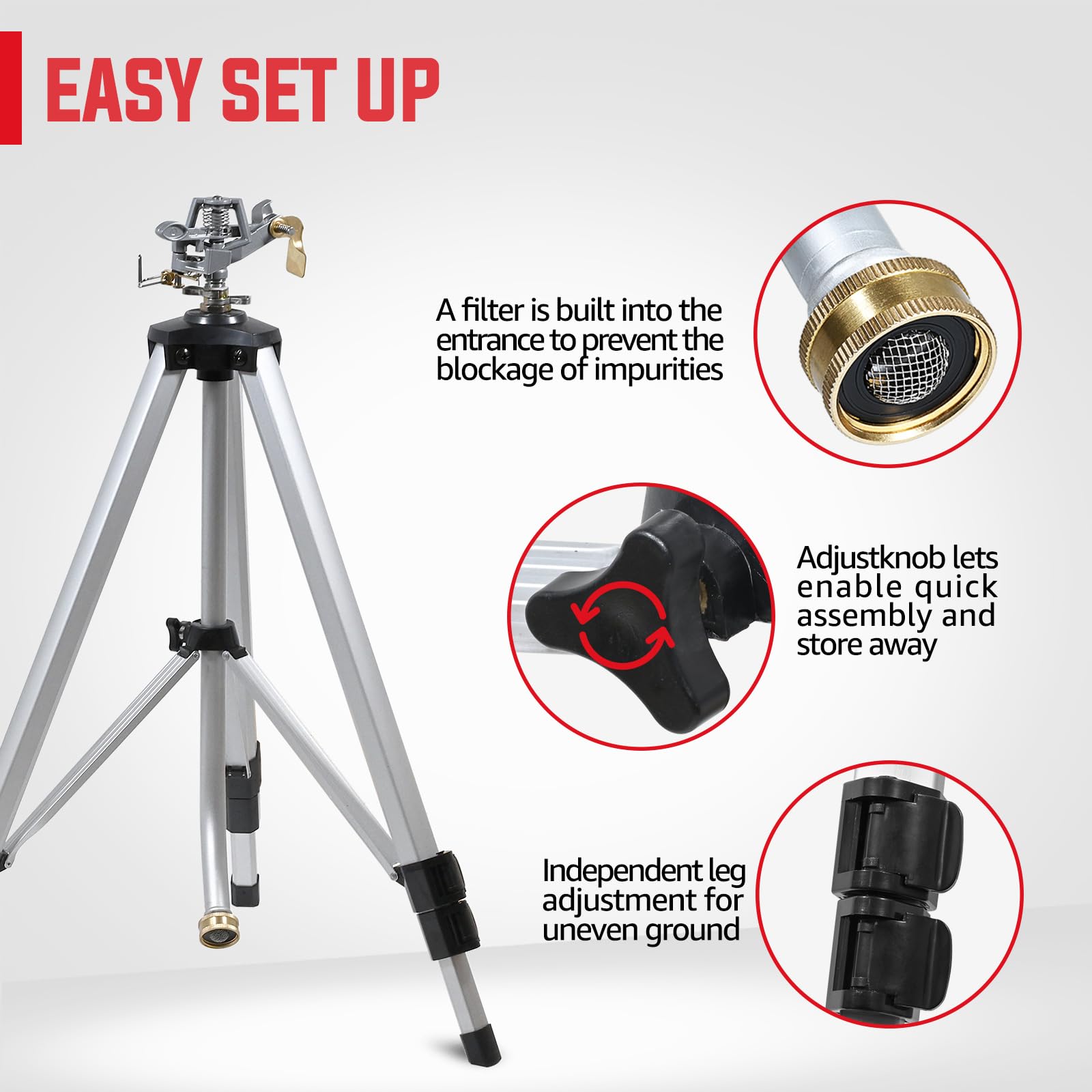 YAMATIC Impact Sprinkler on Adjustable Tripod Base, 360 Degree Large Area, Heavy Duty Adjustable Pulsator Sprinkler for Lawn, Yard and Grass Irrigation, Spray up to 20-90ft(Zinc Head)
