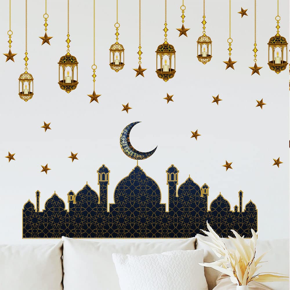 Ramadan Wall Decor Stickers, Islamic Muslim Wall Stickers Eid Mubarak Ramadan Decor Lantern Moon Star Window Decal Ramadan Decorations for Home Living Room Bedroom Decorations Wallpaper