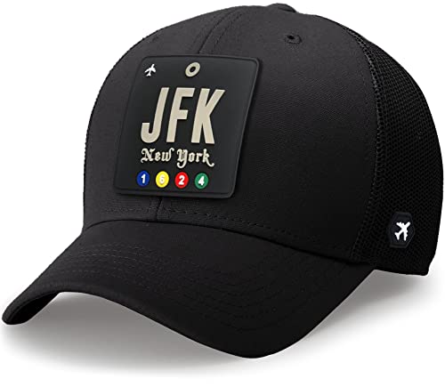We Fly Trucker Hat for Men & Women, Adjustable Baseball Hat, Mesh Snapback, Travel Essential Hat (New York, Black)