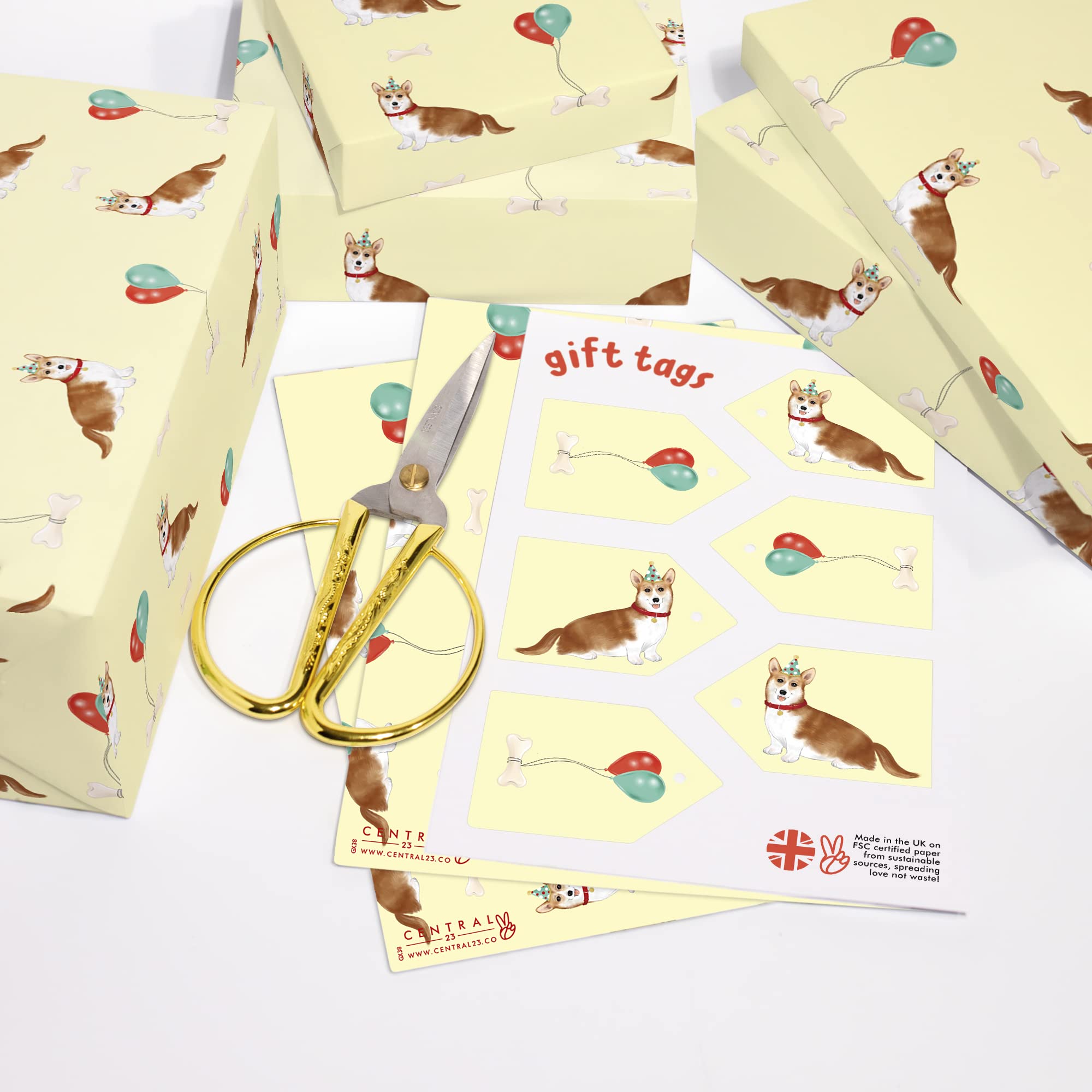 CENTRAL 23 Corgi Wrapping Paper - Dog Wrapping Paper - 6 Thick Gift Wrap Sheets - Happy Birthday Wrapping Paper - Comes With Fun Stickers - Recyclable