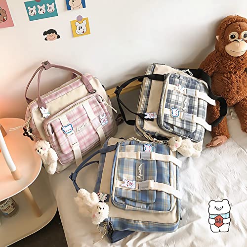 Tonecy Kawaii Bear Backpack for School, Japanese Aesthetic Backpacks for Teenager Girls, Back to School Handbag Backpack (Blue,with 3 Pins,1 Bear Pendant)