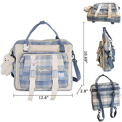 Tonecy Kawaii Bear Backpack for School, Japanese Aesthetic Backpacks for Teenager Girls, Back to School Handbag Backpack (Blue,with 3 Pins,1 Bear Pendant)