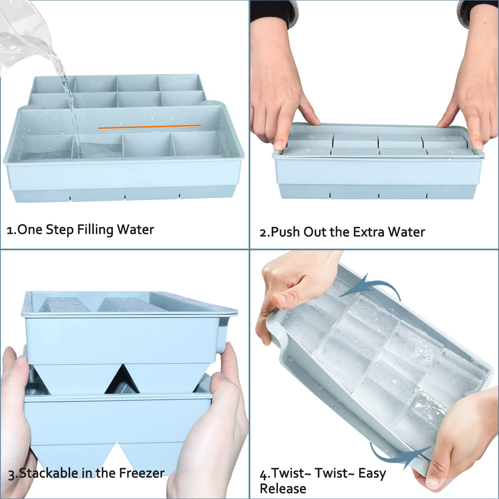 ITWIST Whiskey Ice Mold, 2.2 INCH Large Ice Cube Tray, 2 Pack Hexagon Ice Molds with Bin & Tong, Leak-free Ice Cube Molds for Cocktails Whiskey Bourbon Scotch-Easy Fill & Remove(Blue)