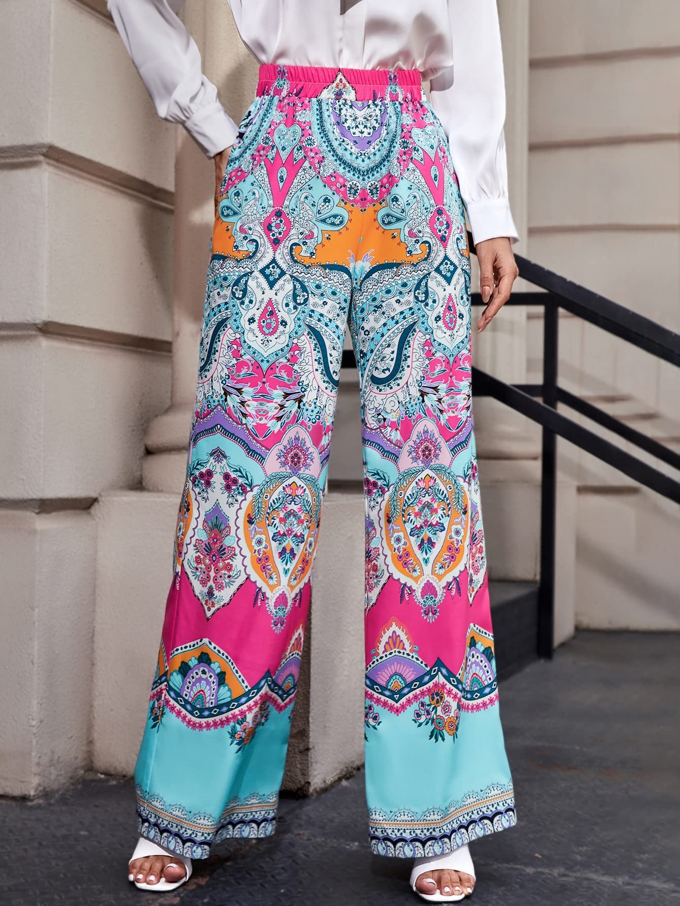WDIRARA Women's Tropical Print High Elastic Waisted Wide Leg Loose Pants Trousers Multicolor Paisley M