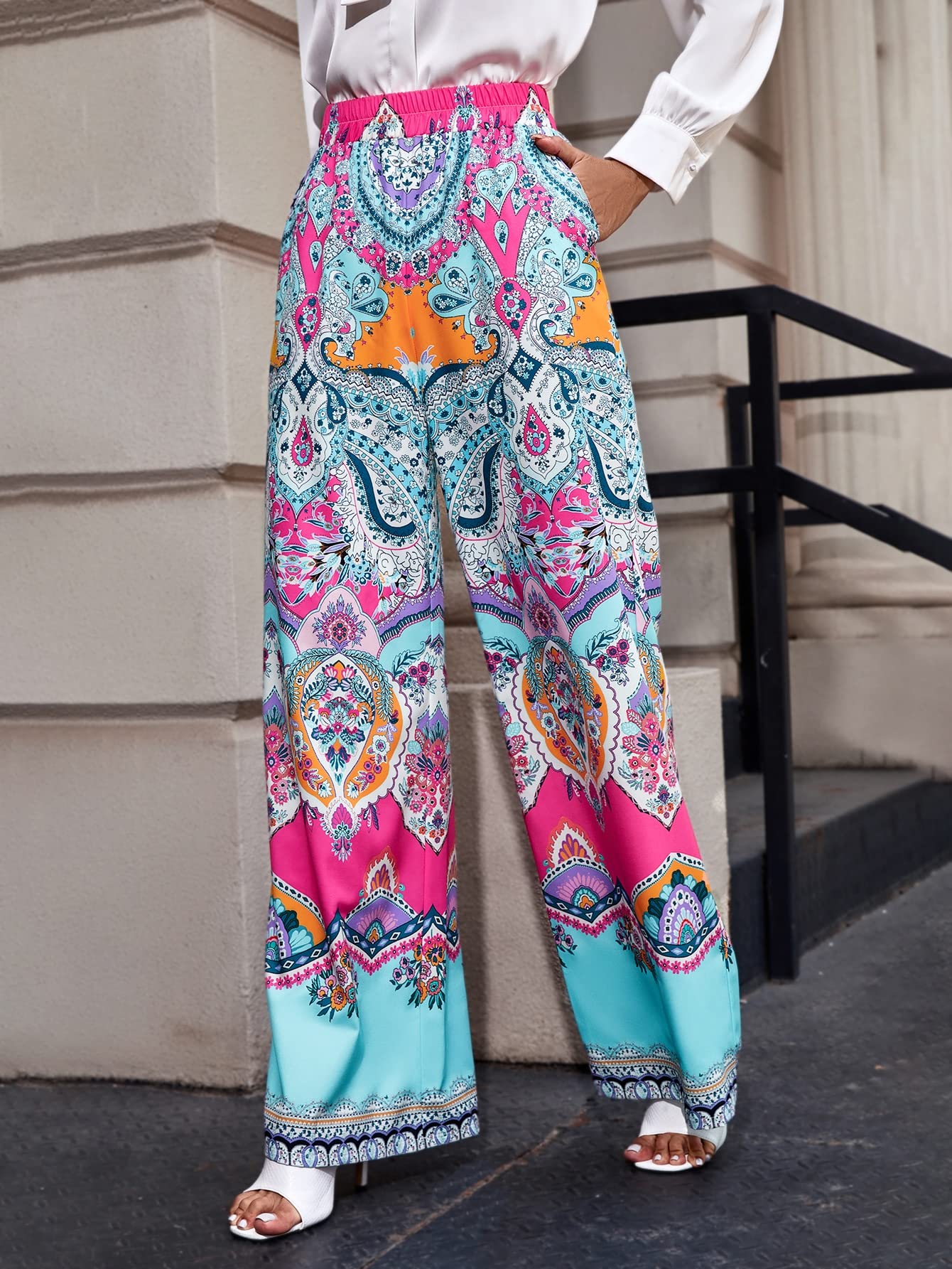 WDIRARA Women's Tropical Print High Elastic Waisted Wide Leg Loose Pants Trousers Multicolor Paisley M