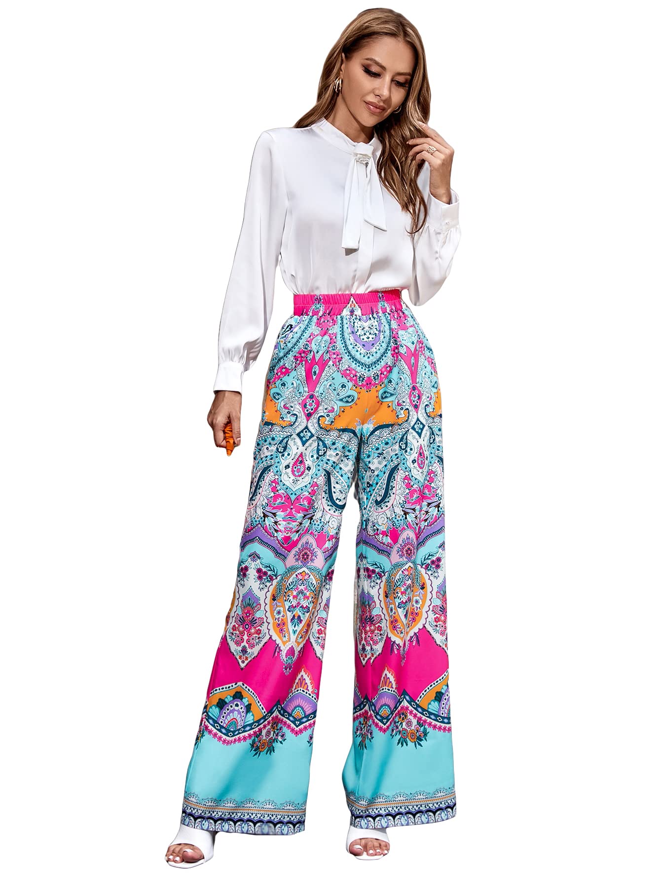 WDIRARA Women's Tropical Print High Elastic Waisted Wide Leg Loose Pants Trousers Multicolor Paisley M
