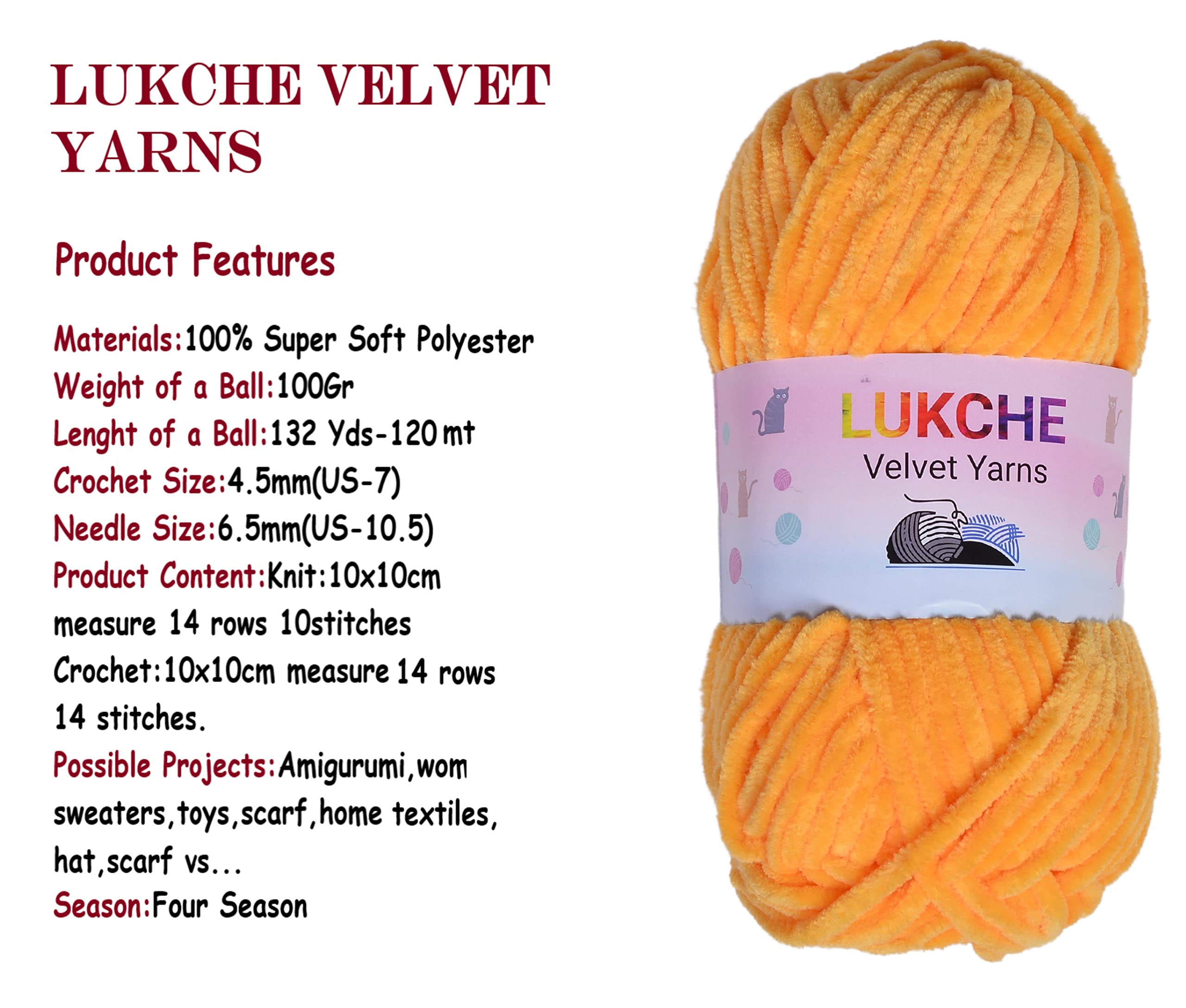 Lukche Super Soft Velvet Chenille Blanket Amigurumi Crochet Baby Blanket Knitting Yarn Super Bulky 3x100 gr (3x132 yds) Including Foldable Scissors (Mustard)