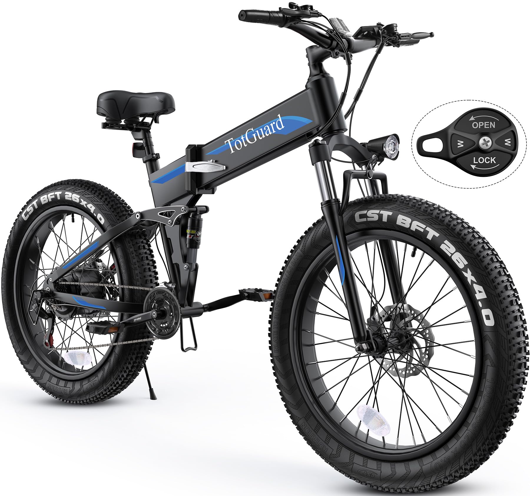 TotGuard Electric Bike, 26" x4.0 Fat Tire Electric Bike with 975W Peak Motor, 48V 10.4Ah Removable Battery, Foldable Ebike, 21.6MPH Electric Mountain Bike, Dual Shock Absorbers, 21 Speed